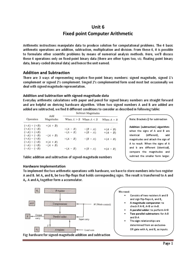 Unit 6 Fixed Point Computer Arithmetic: Addition and Subtraction | PDF | Multiplication | Arithmetic