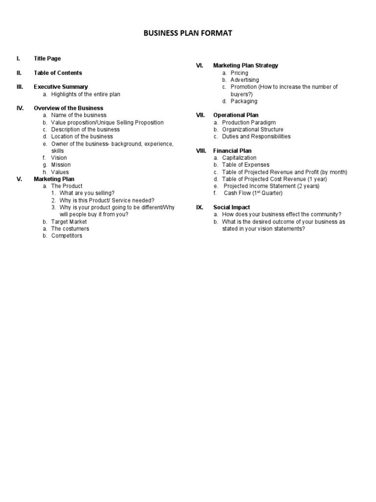 Business Plan Format