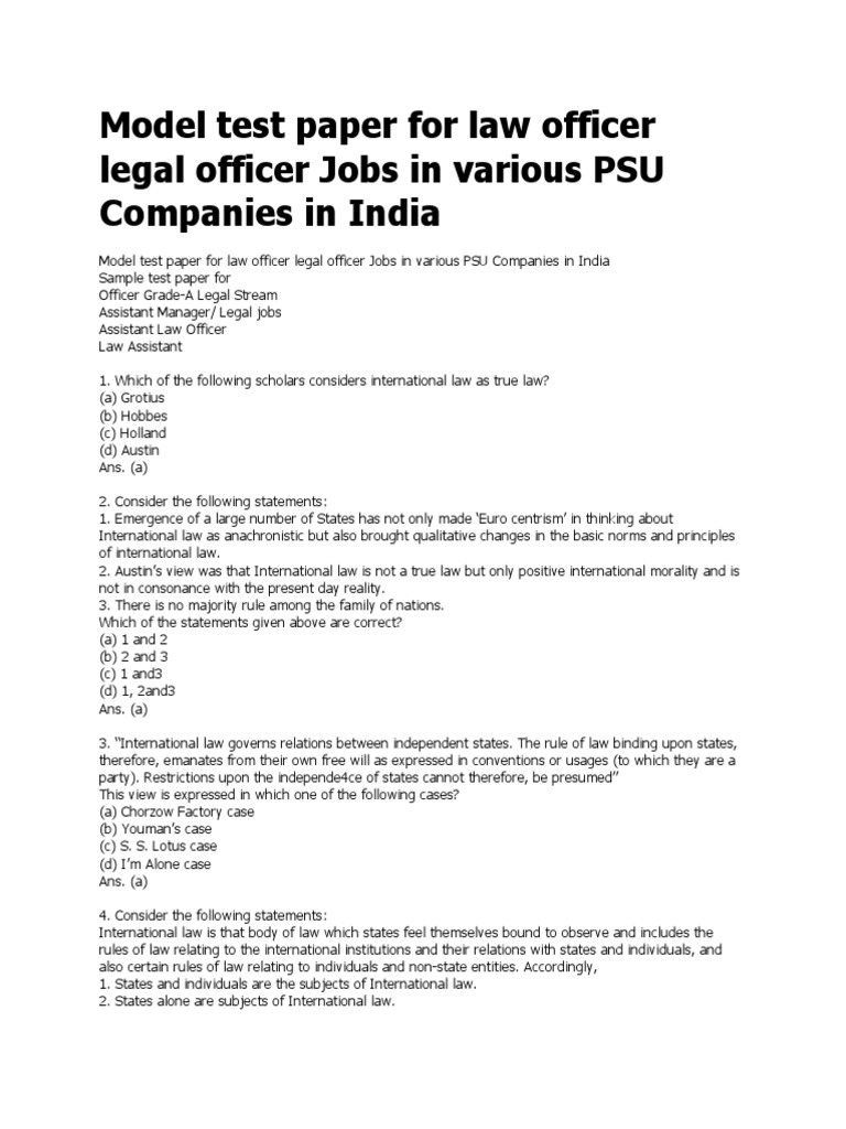 Model Test Paper For Law Officer Legal Officer Jobs in Various PSU ...
