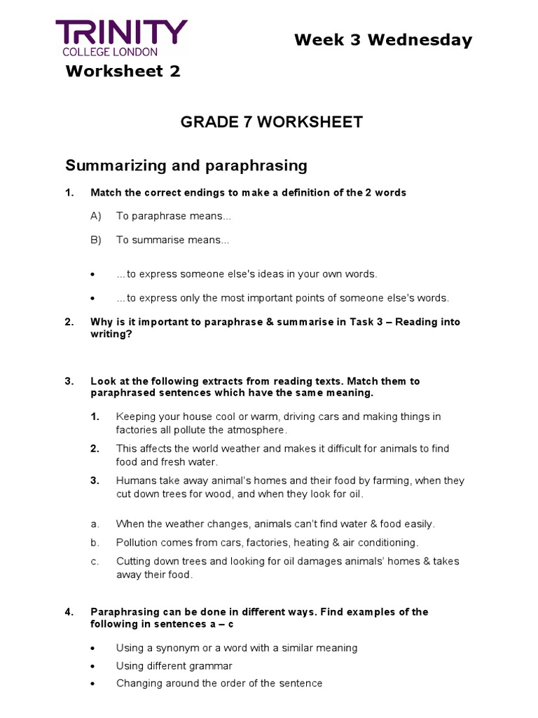 Week 3 Wednesday Worksheet 2 Grade 7 Worksheet Summarizing and ...