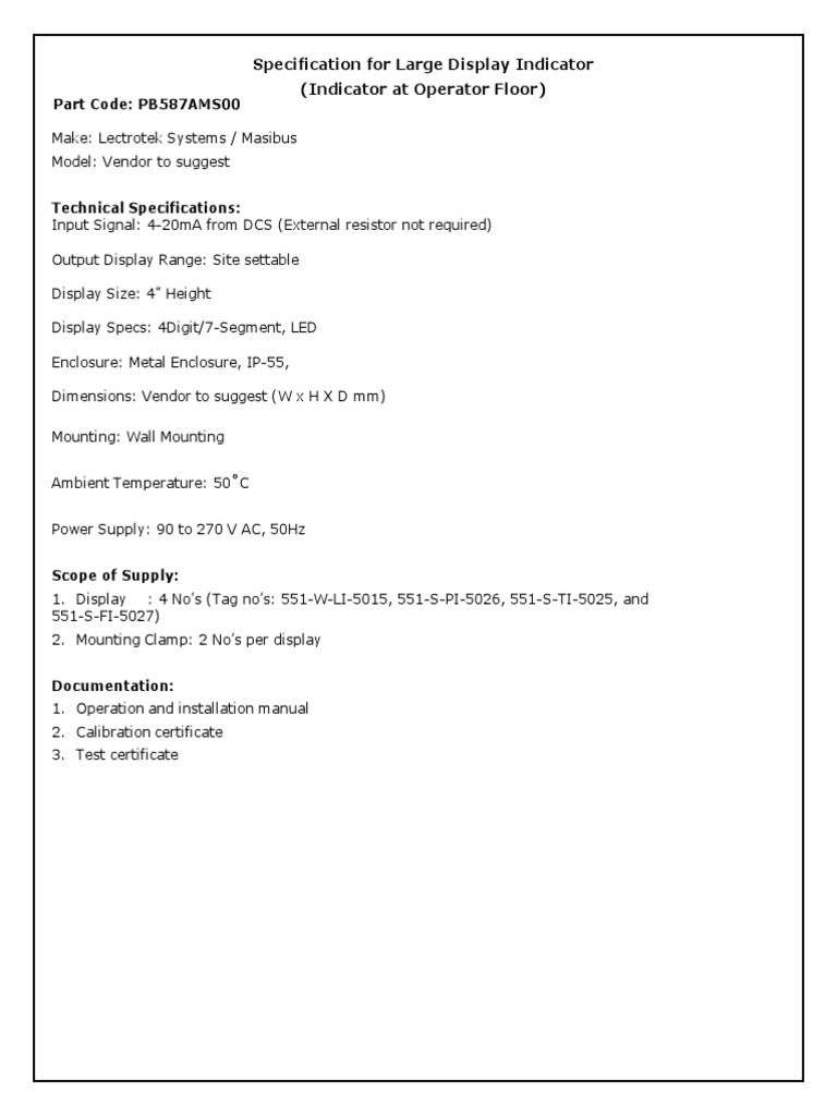 Specification For Large Display Indicator (Indicator at Operator Floor ...