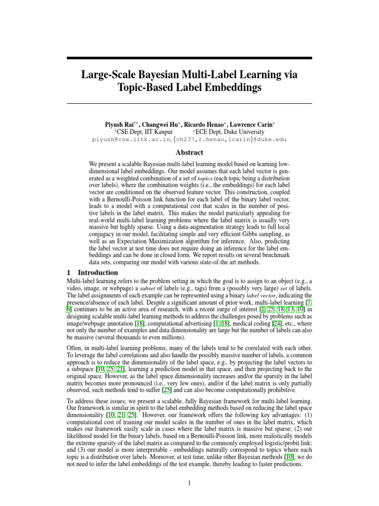 Piyushrai5770 Large Scale Bayesian Multi Label Learning Via Topic Based Label Embeddings | PDF ...