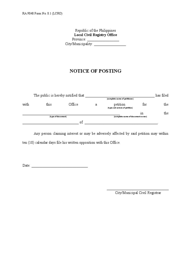Notice of Posting: Local Civil Registry Office | PDF