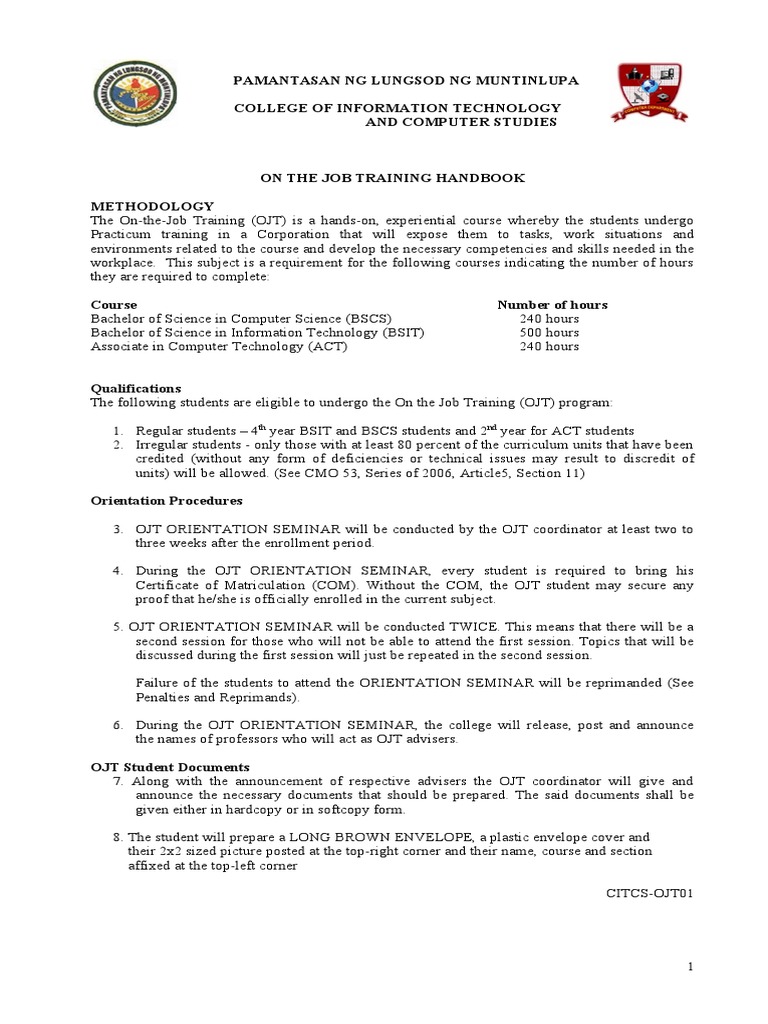 OJT Handbook for CITCS Students | PDF | Academic Term | Learning