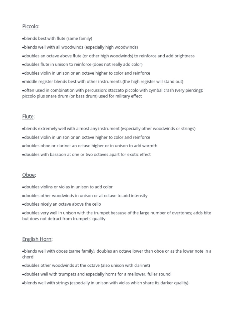 Orchestration Cheat Sheet | PDF | Double Bass | Woodwind Instruments