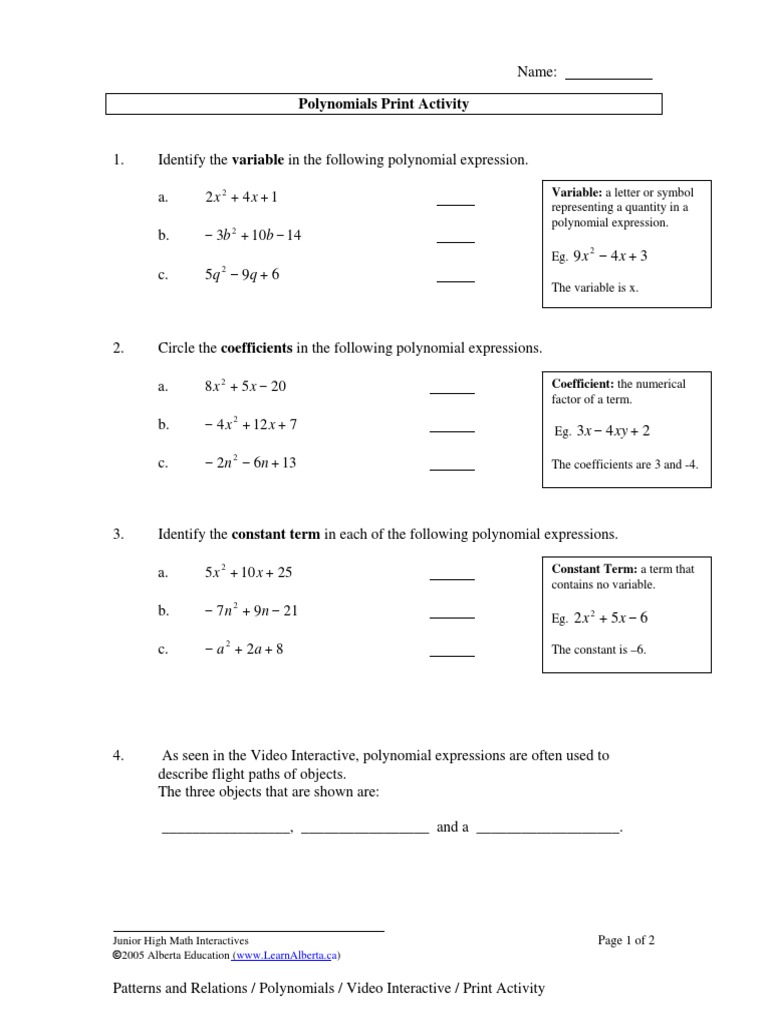 Polynomials Print Activity: Variable: A Letter or Symbol | PDF | Variable (Mathematics) | Polynomial