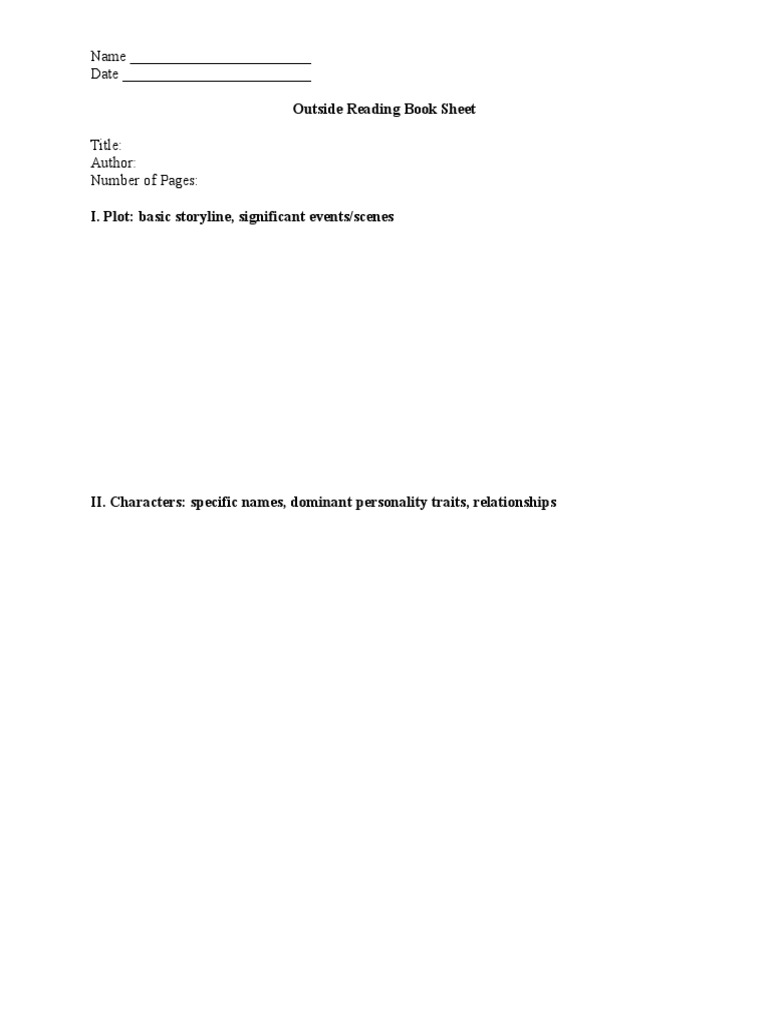 Outside Reading Book Analysis Sheet | PDF | Classics | General Fiction