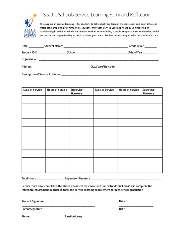 Seattle Schools Service-Learning Form and Reflection | PDF | Service ...