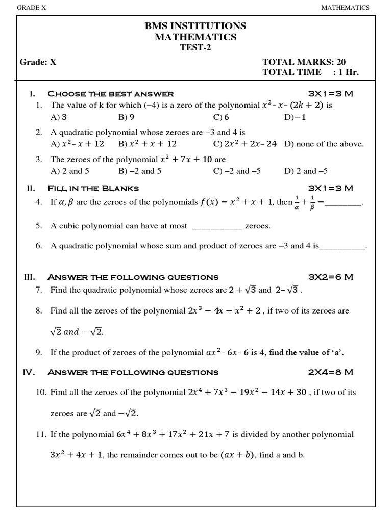 Bms Institutions Mathematics: TEST-2 Grade: X Total Marks: 20 Total ...