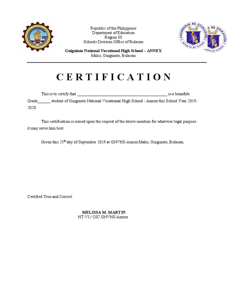 Guiguinto National Vocational School Certificate | PDF | Social ...