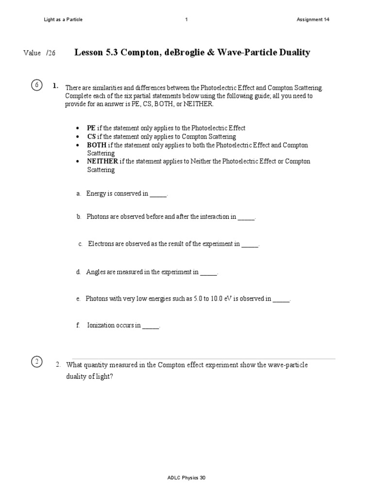 Lesson 5.3 Compton, Debroglie & Wave-Particle Duality: Value /26 | PDF | Photoelectric Effect ...