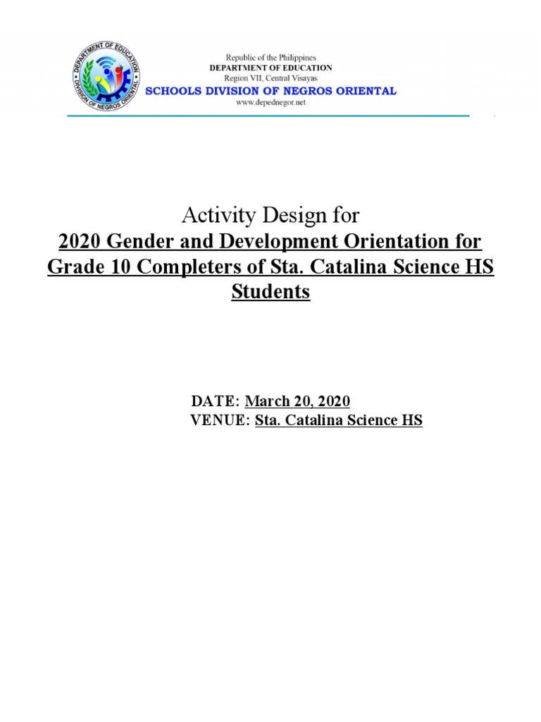 Activity Design For: 2020 Gender and Development Orientation For Grade ...