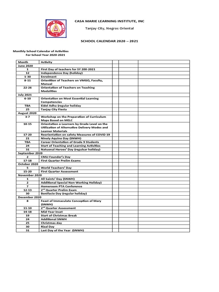CASA MARIE SCHOOL CALENDAR 2020-2021 | PDF | Observances | Holidays