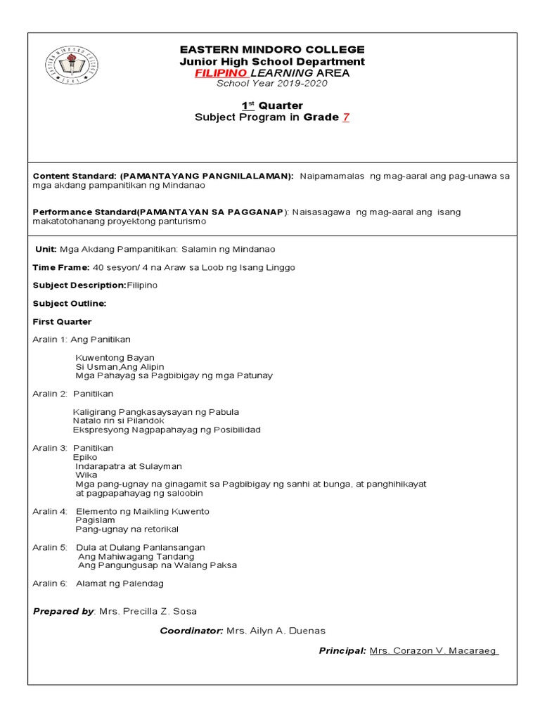 Subject-Program Filipino 7 (1st - 4th Quarter | PDF