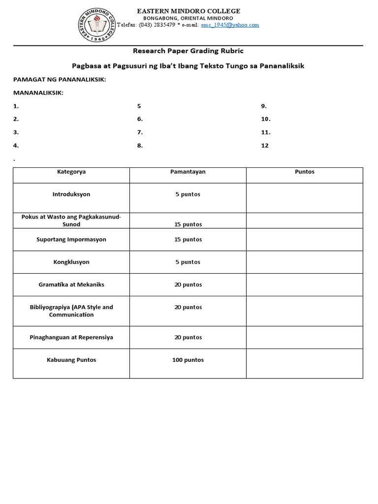 Research Paper Grading Rubric | PDF
