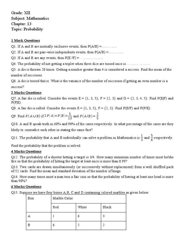 Grade: XII Subject: Mathematics Topic: Probability: 1 Mark Questions ...