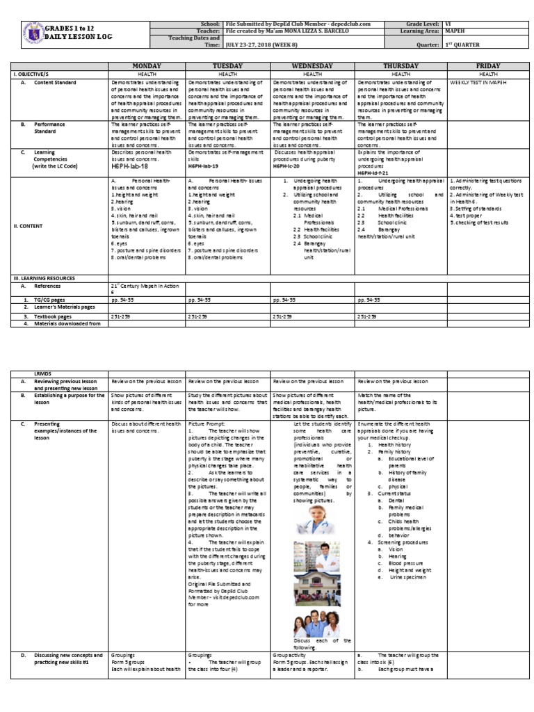 DLL - Mapeh 6 - Q1 - W8 | PDF | Health Professional | Physical Examination