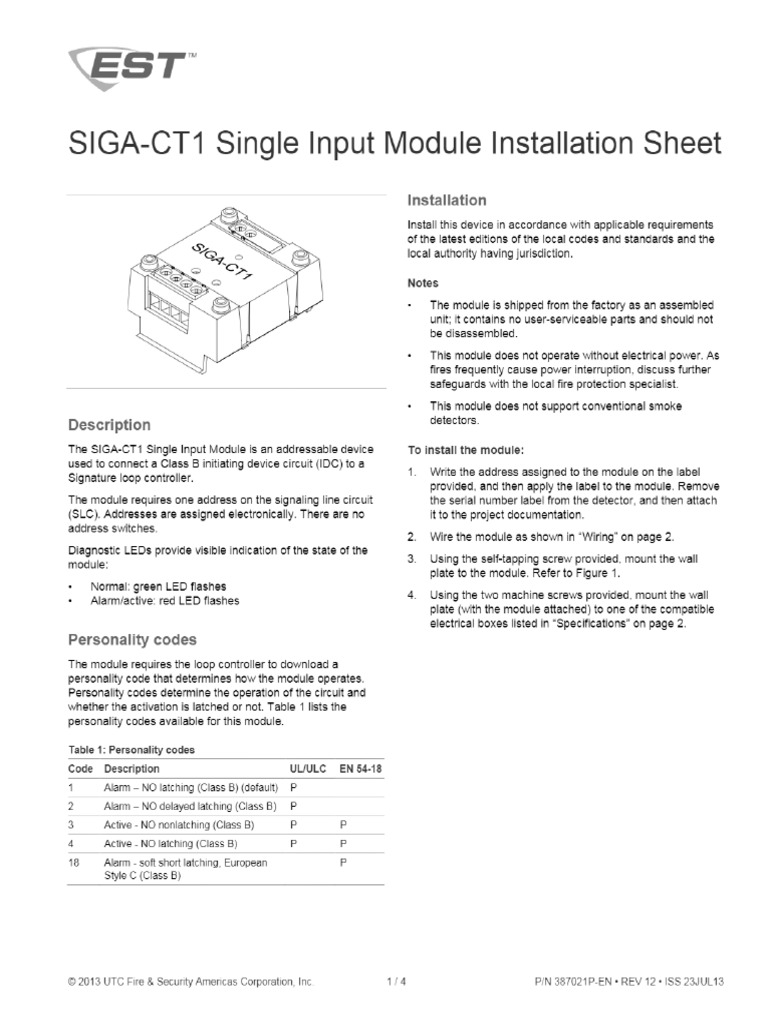 SIGA-CT1 Single Input Module Installation Sheet - Manualzz | PDF