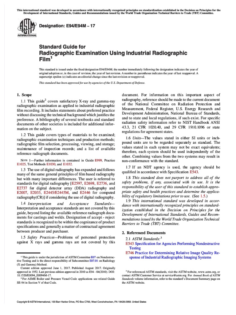 ASTM E94-17radiographic Examination PDF | PDF | Radiography | Medical Physics