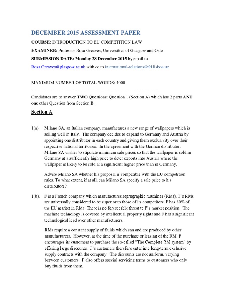 December 2015 Assessment Paper: Section A | PDF | Competition Law ...