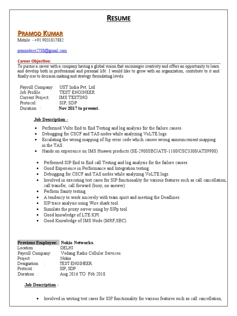 Pramod Kumar - CV | PDF | Ip Multimedia Subsystem | Session Initiation Protocol