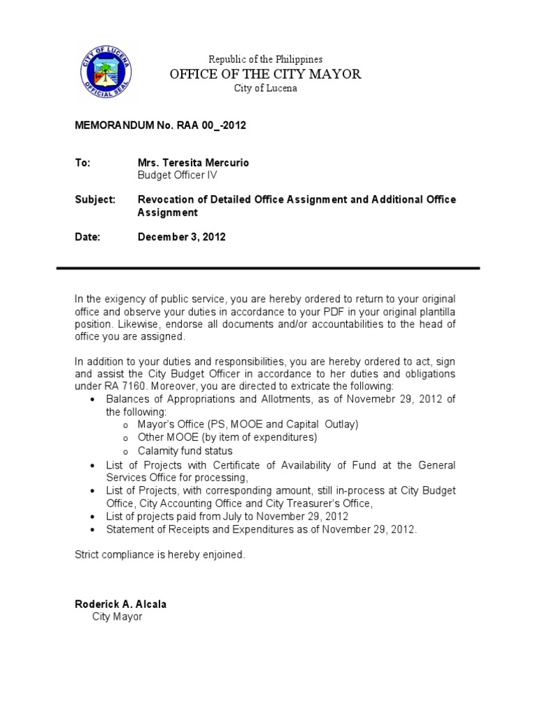 Office of The City Mayor: MEMORANDUM No. RAA 00 - 2012 | PDF