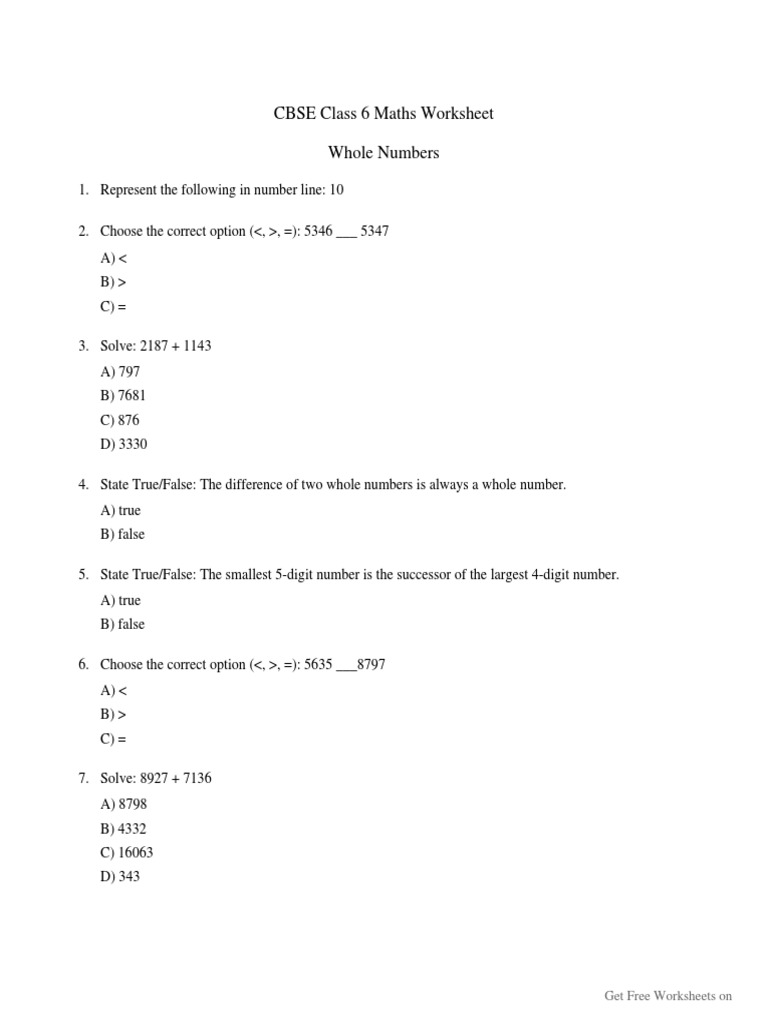 CBSE Class 6 Maths Whole Numbers Worksheet | PDF | Teaching Mathematics