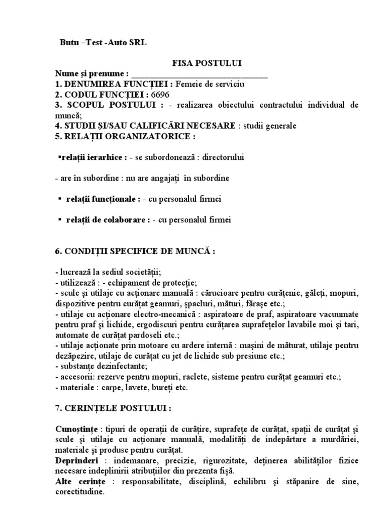 Fisa Post de Femeie de Serviciu | PDF