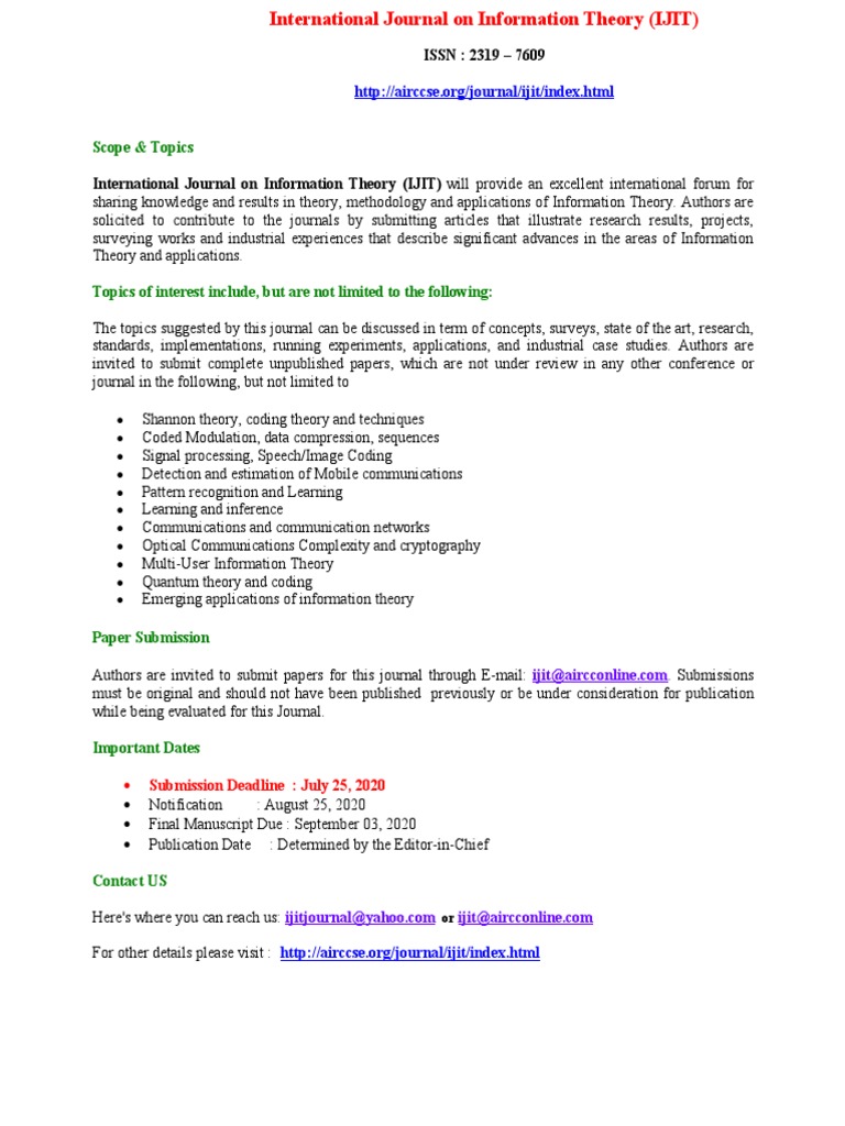 International Journal On Information Theory (IJIT) | PDF