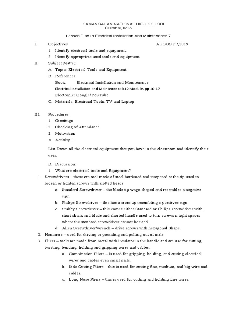 Camangahan National High School Guimbal, Iloilo Lesson Plan in ...