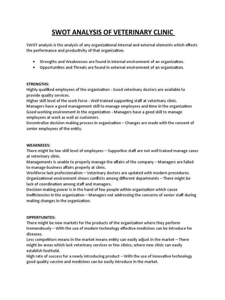 Swot Analysis of Veterinary Clinic: Strengths | PDF | Swot Analysis ...