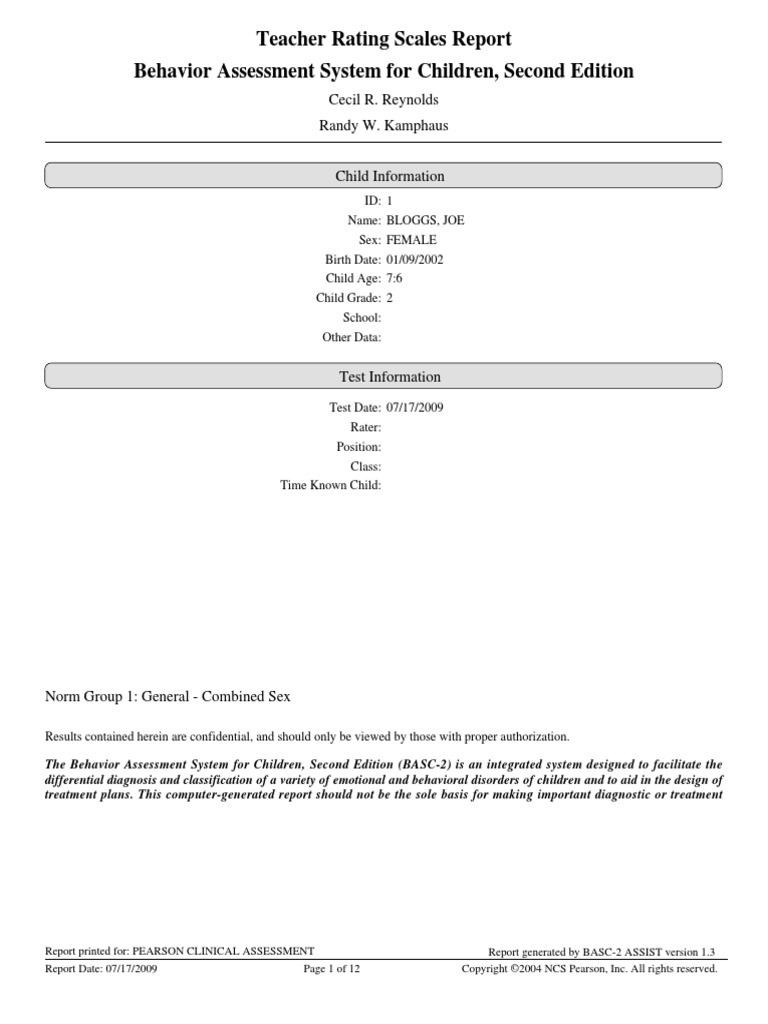 Teacher Rating Scales Report Behavior Assessment System For Children ...