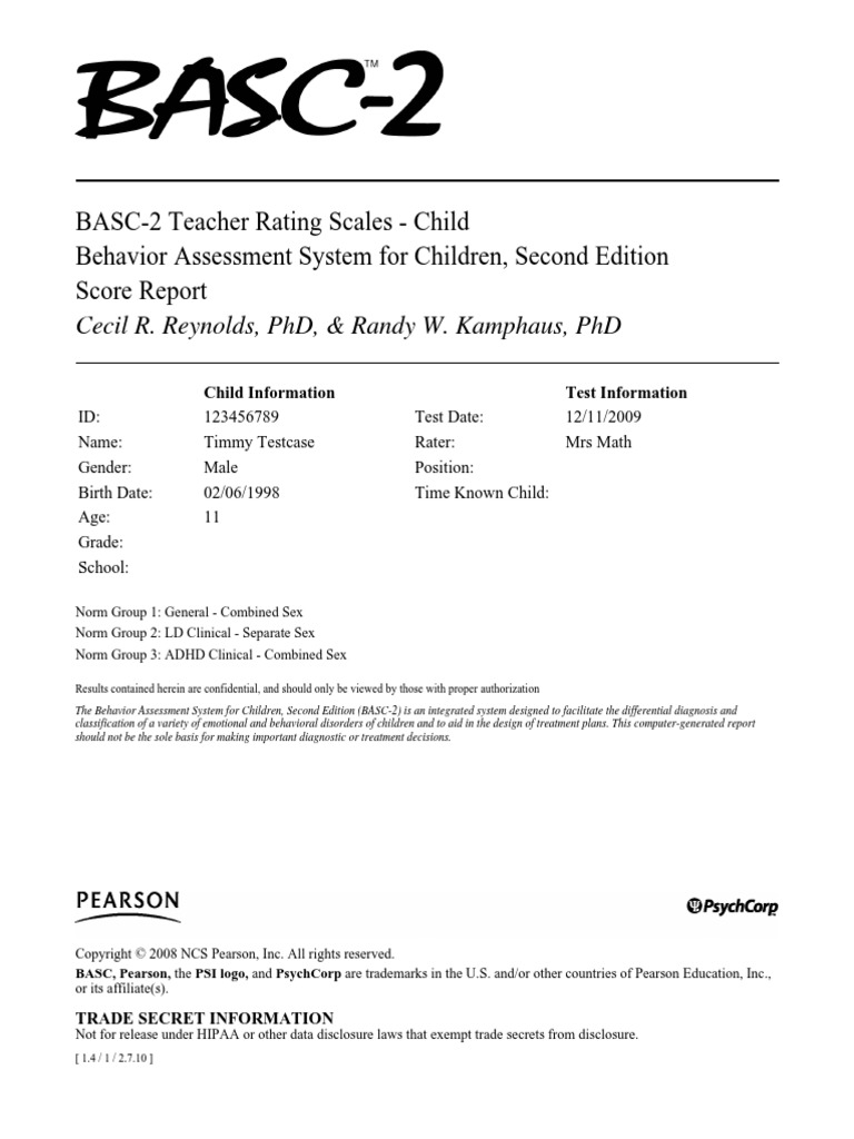 BASC-2 TRS-C Score Report | PDF | Attention Deficit Hyperactivity ...