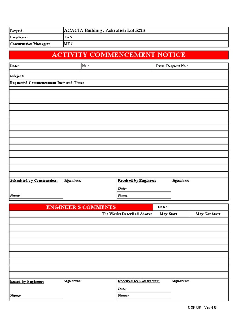 Activity Commencement Notice for ACACIA | PDF