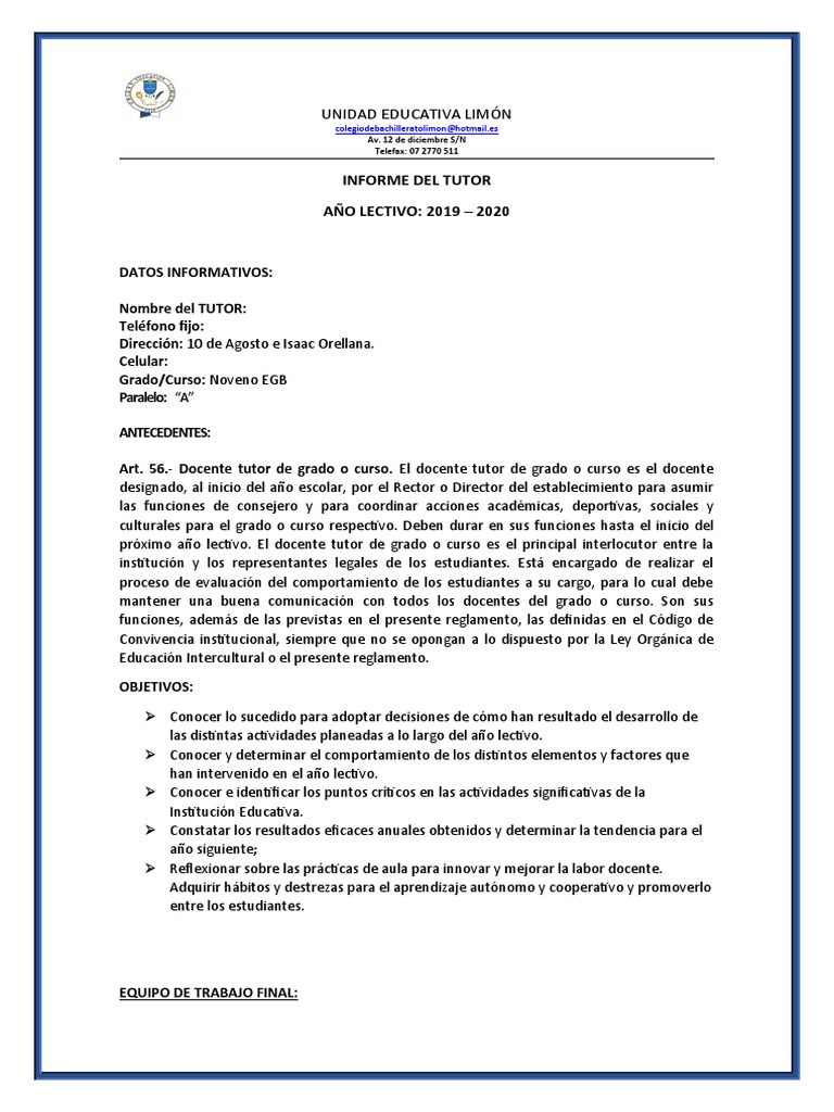 Informe Del Tutor-1 | PDF | Maestros | Cognición