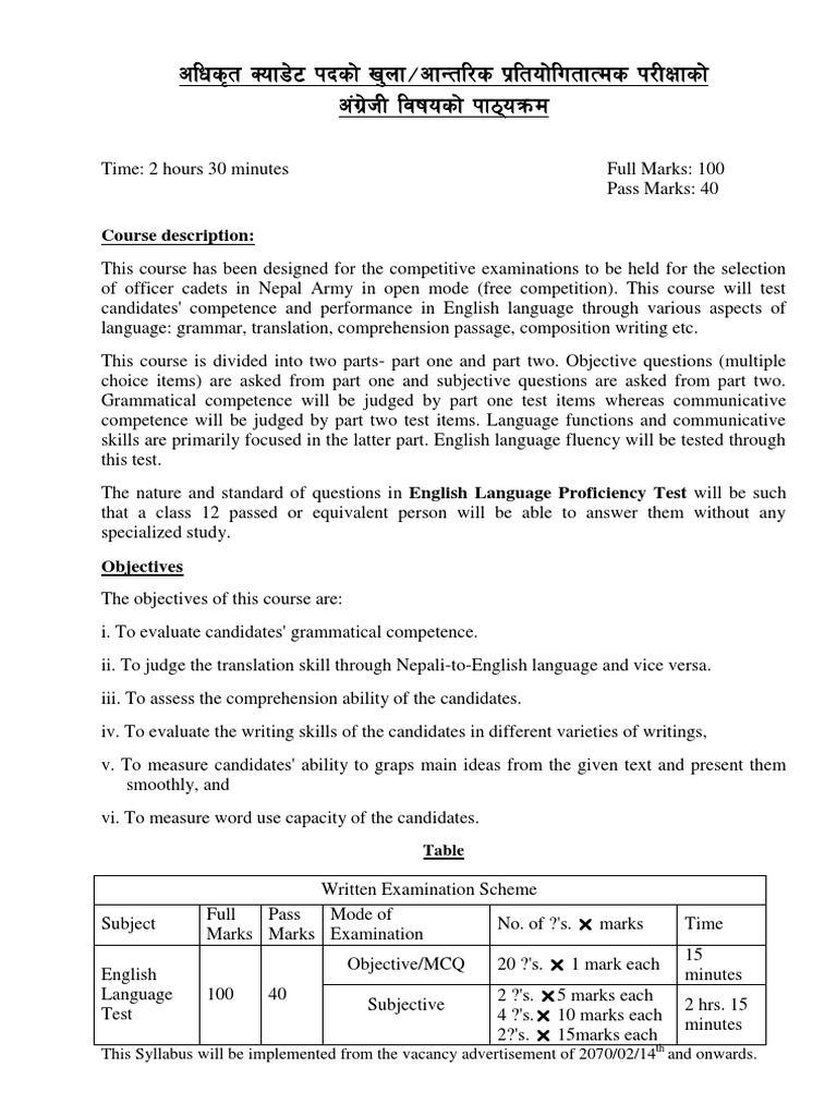 Nepal Army Officer Cadet English Exam Question | PDF | Test (Assessment ...