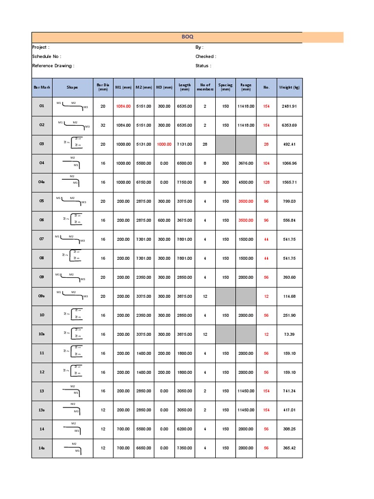 Bar Mark Shape M1 (MM) M2 (MM) M3 (MM) No. Weight (KG) Bar Dia (MM ...