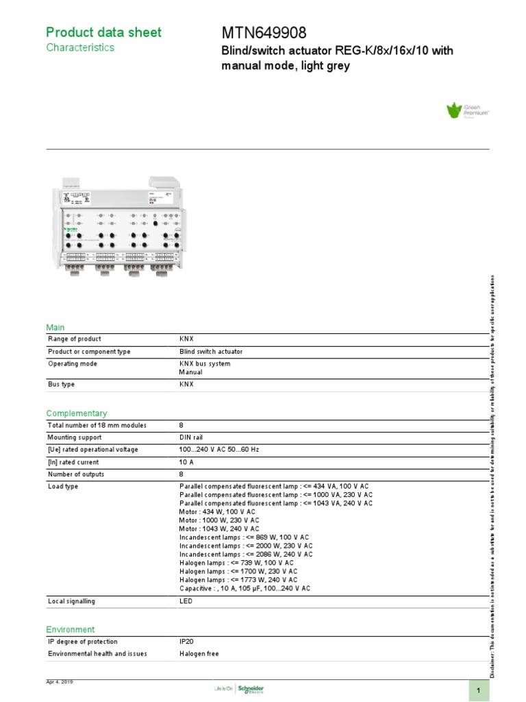 Product Data Sheet: Blind/switch Actuator REG-K/8x/16x/10 With Manual ...