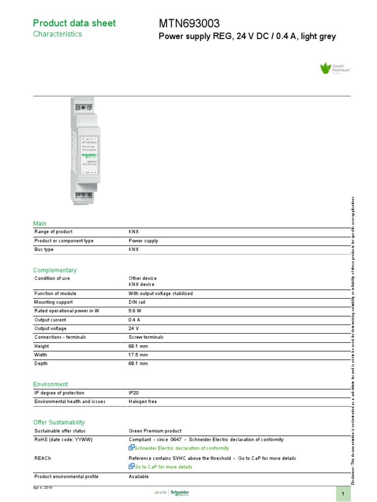 MTN693003 KNX Power Supply Data Sheet | PDF