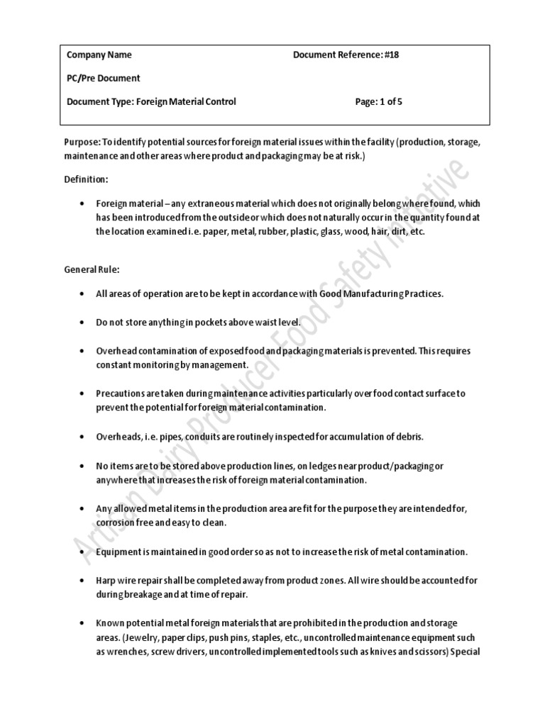 SOP 18 Foreign Material Control - WM PDF | PDF | Pallet | Metal Detector