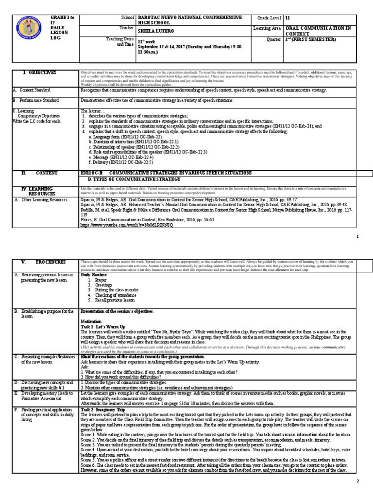 Grade 1 To 12 Daily Lesson LOG High School Sheila Lutero Week September ...