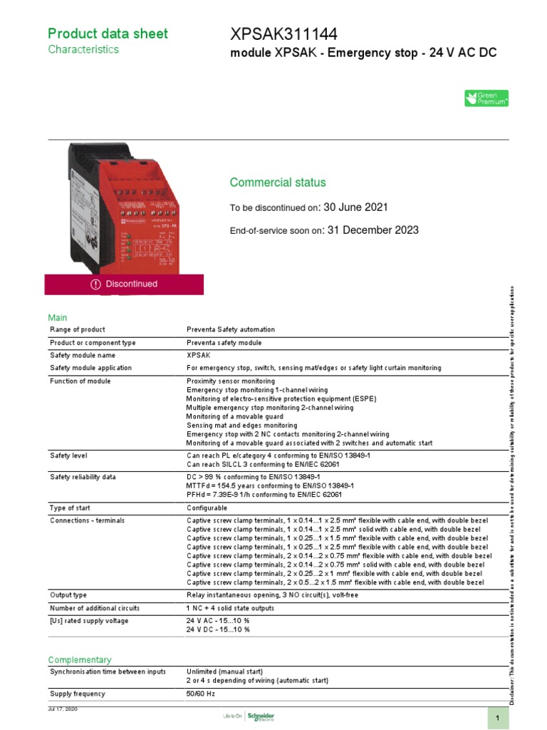 XPSAK311144 Emergency Stop Module Data | PDF | Relay | Electrical Wiring