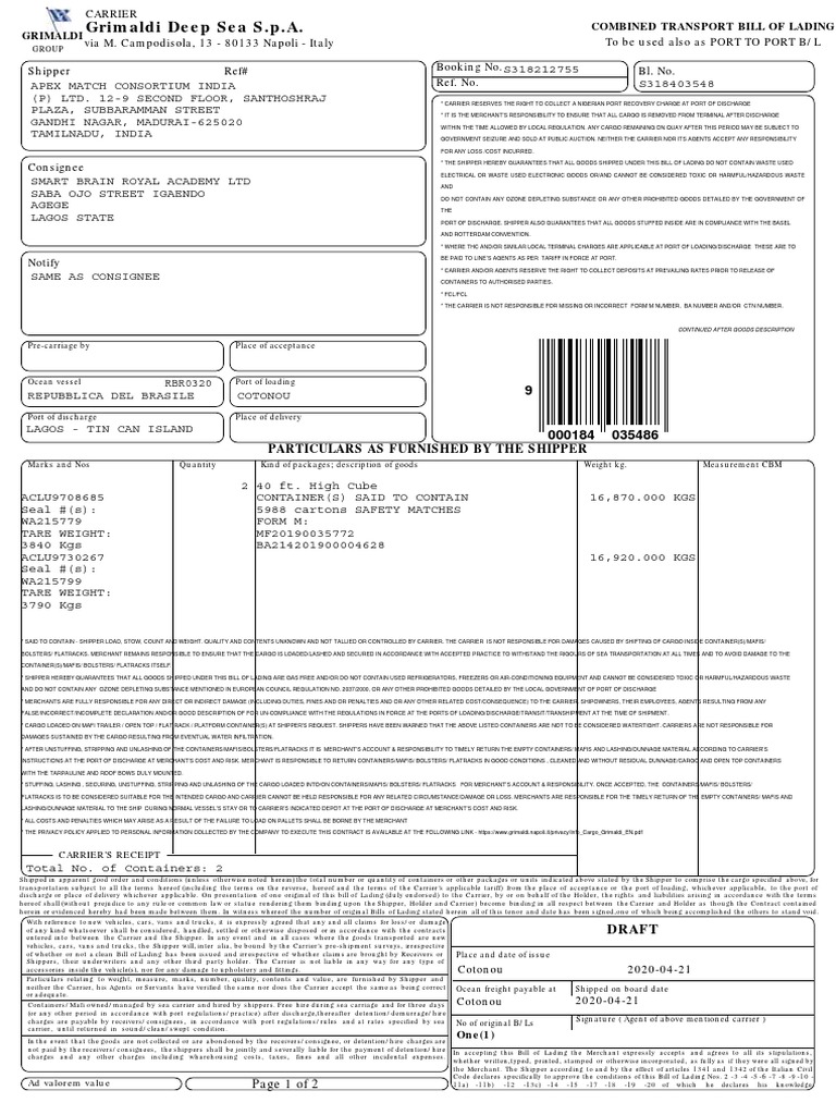 Particulars As Furnished by The Shipper: Carrier'S Receipt | PDF ...
