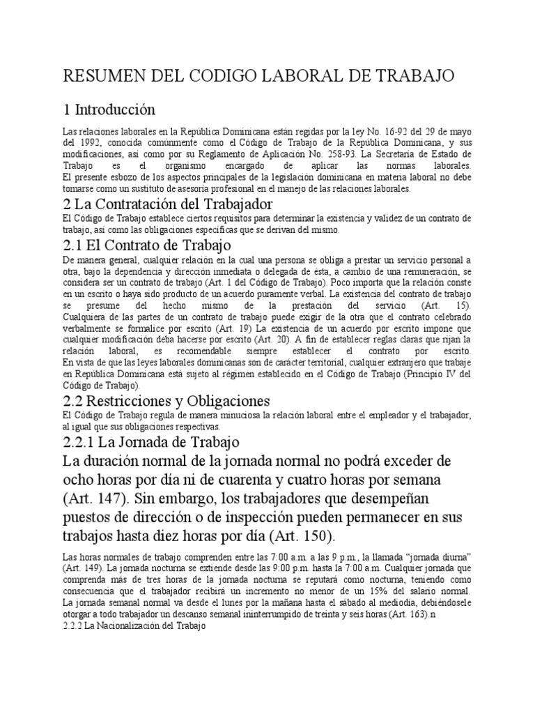 Resumen Del Codigo Laboral de Trabajo | PDF | Salario | Derecho laboral