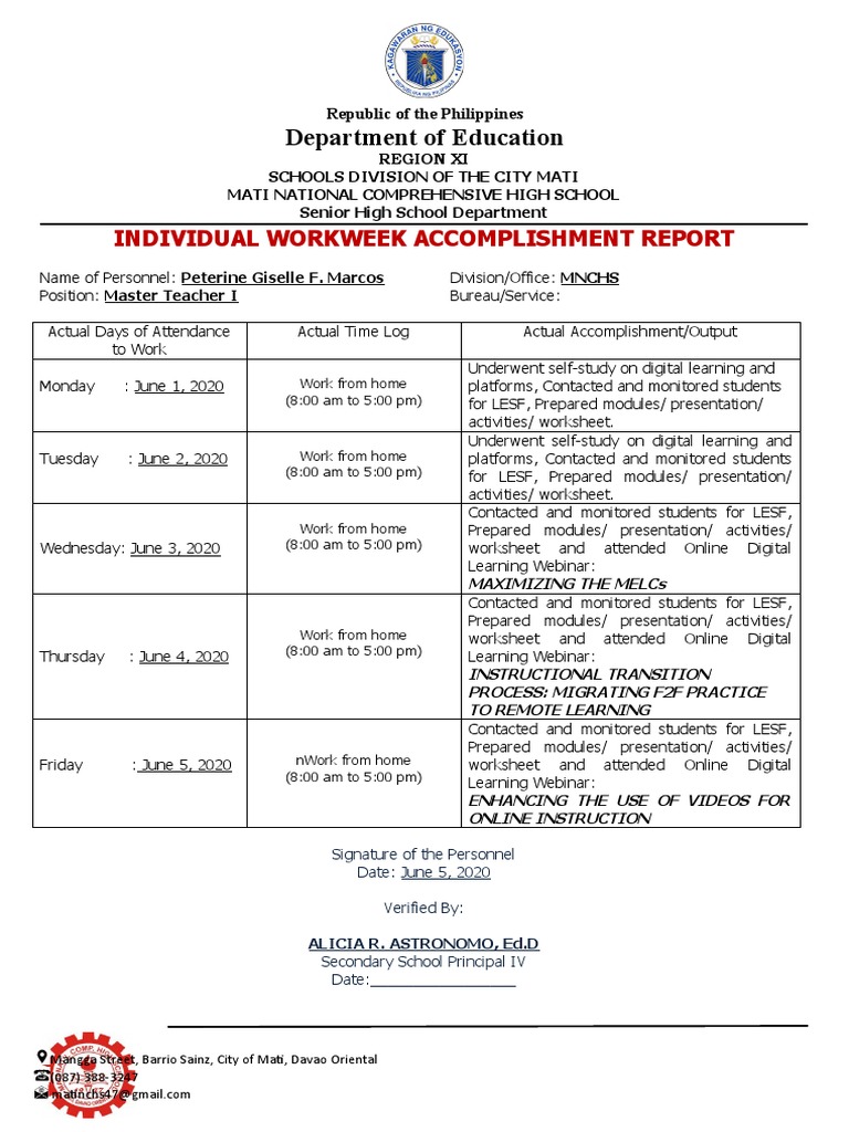 Department of Education: Individual Workweek Accomplishment Report ...