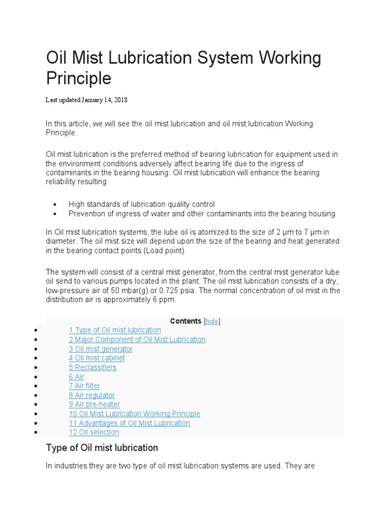 Oil Mist Lubrication Working Principle Explained | PDF | Lubricant ...