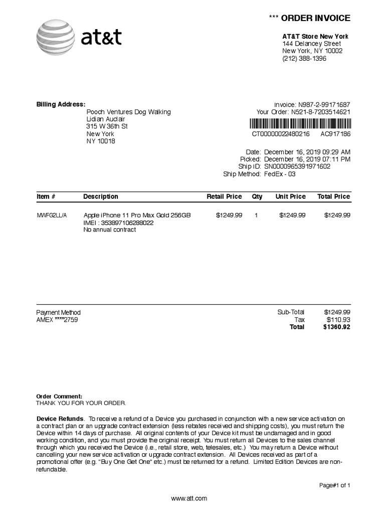 Order Invoice: AT&T Store New York | PDF | Receipt | Apple Inc.