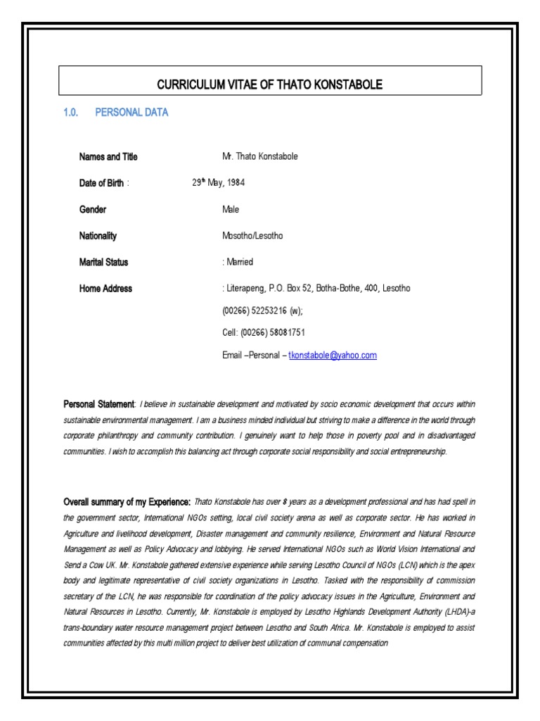 Curriculum Vitae of Thato Konstabole: 1.0. Personal Data | PDF | Non Governmental Organization ...