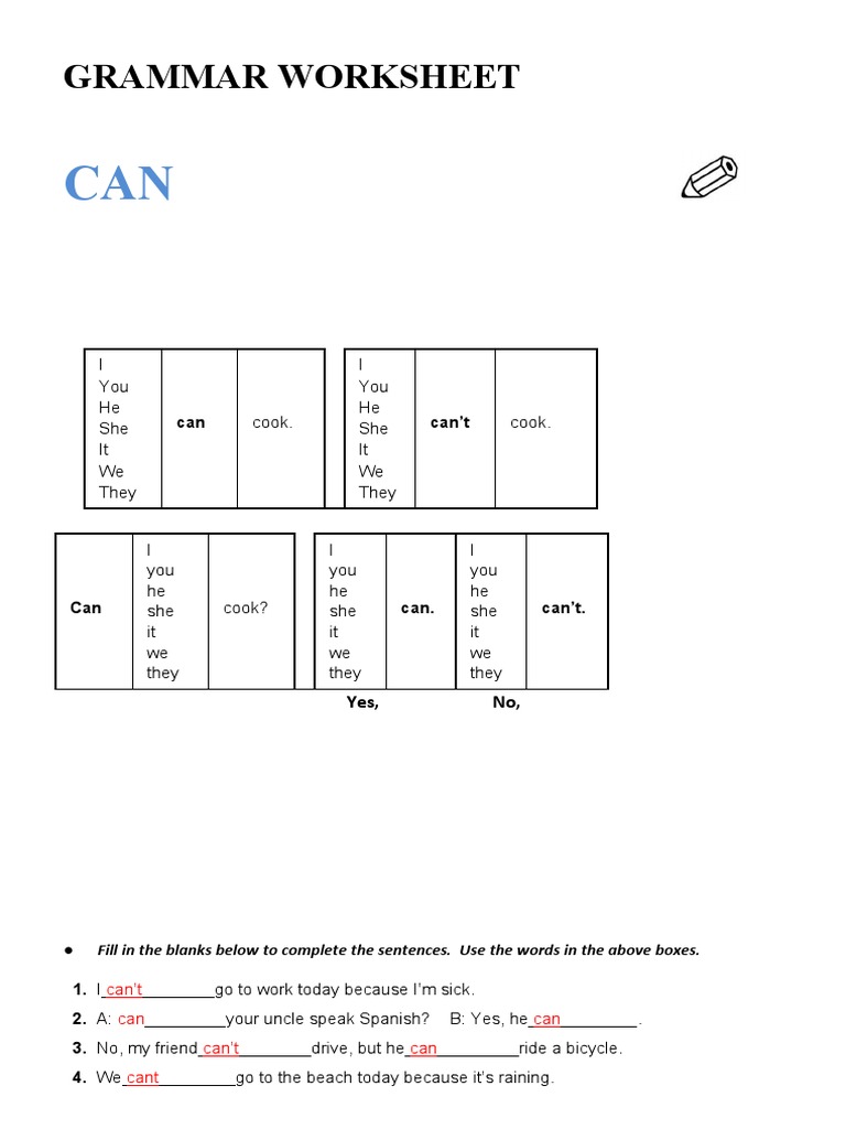 Grammar Worksheet: Can Can't | PDF | Language Arts & Discipline