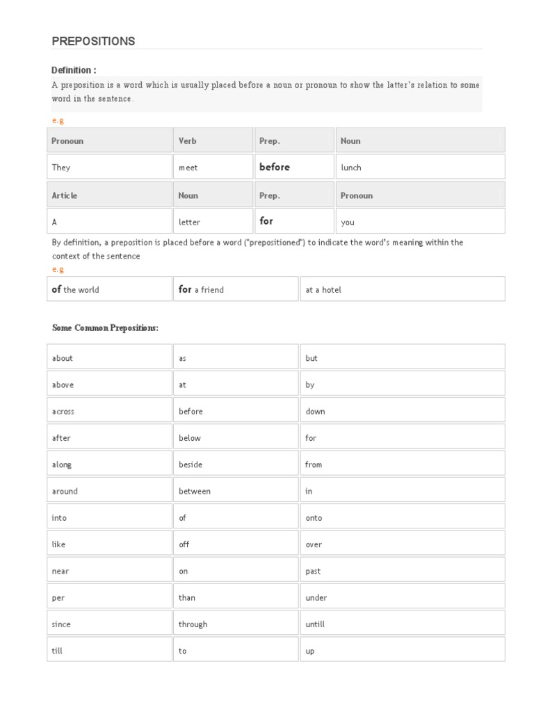 Prepositions: Before | PDF | Preposition And Postposition | Adverb